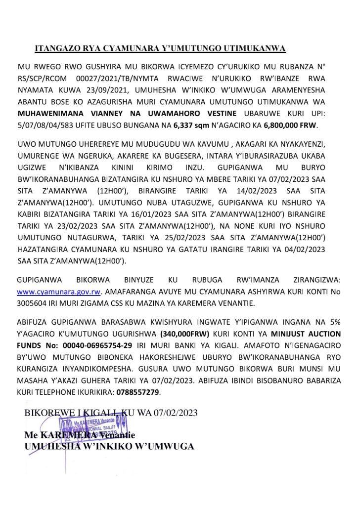 itangazo rya cyamunara y’umutungo utimukanwa – Ingenzinyayo